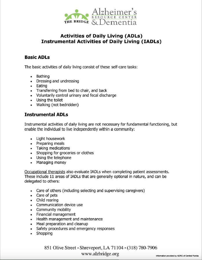 Activities of Daily Living Descriptions | The Bridge
